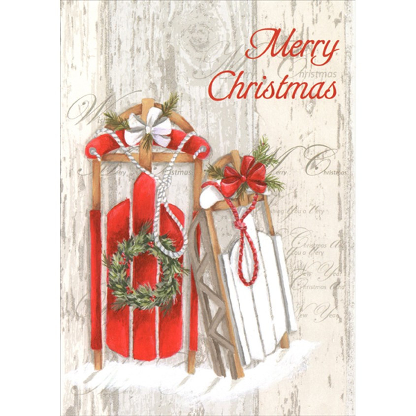 Red and White Sleds with Bows and Wreath Christmas Card | PaperCards.com
