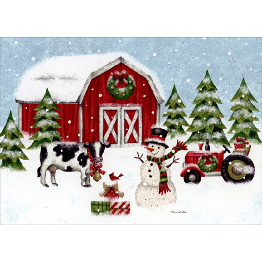 Cow, Snowman, Red Tractor and Red Barn Christmas Card | PaperCards.com