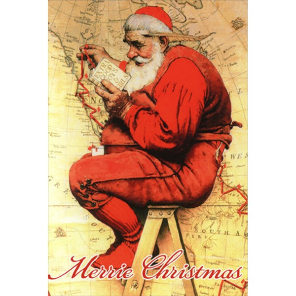 Santa Maps His Trip Norman Rockwell Christmas Card | PaperCards.com