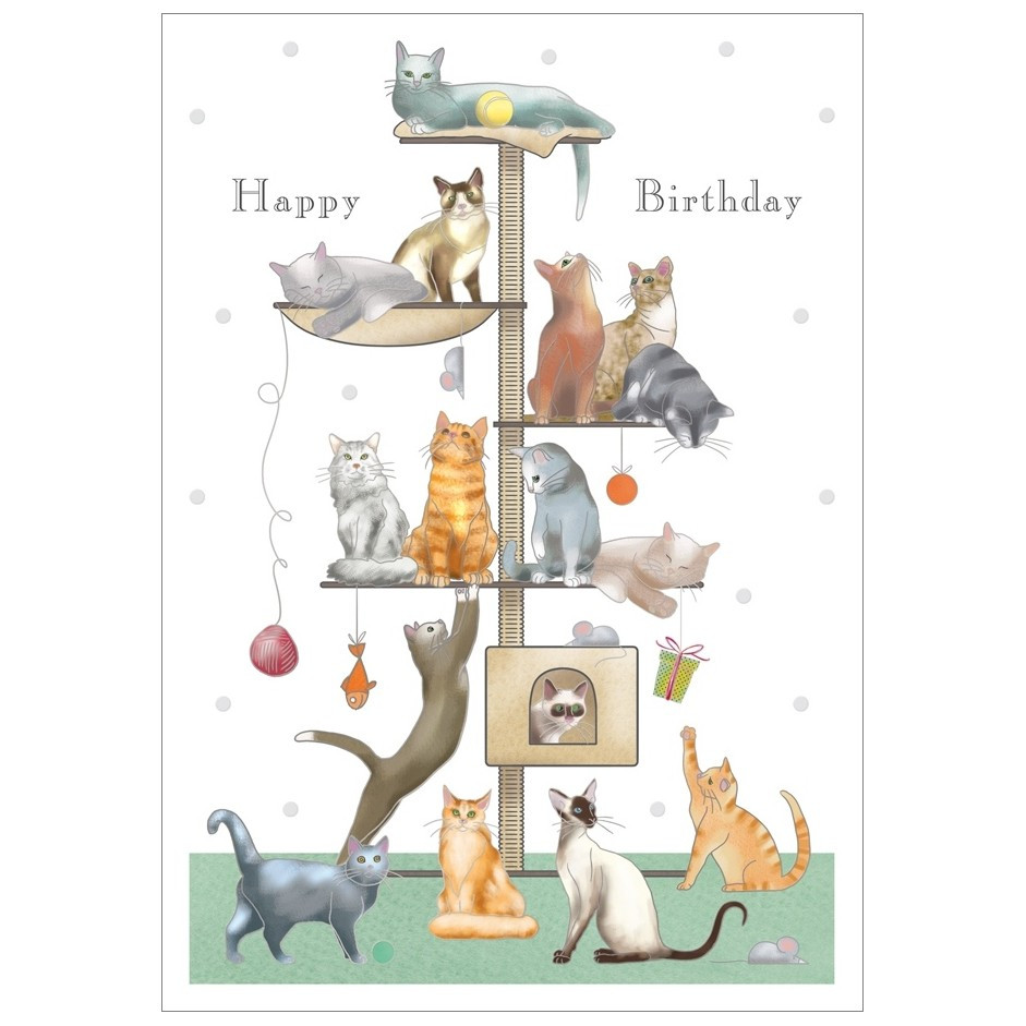 Gold Foil Outlined Cats and Scratching Post Birthday Card | PaperCards.com