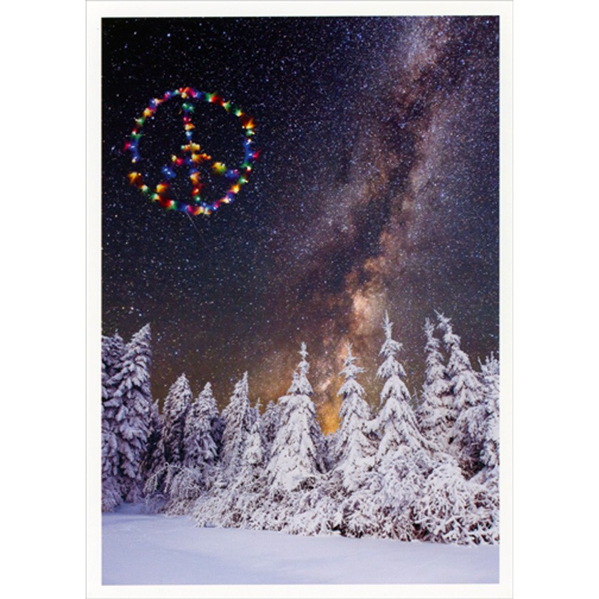 Peace Symbol Lights in Sky : Snow Covered Evergreens Christmas Card ...