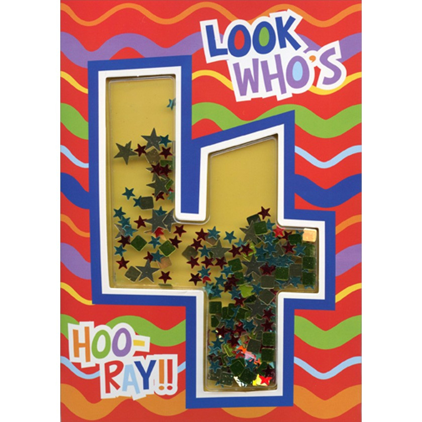 Look Who's 4 Confetti Shaker 3D Age 4 / 4th Birthday Card | PaperCards.com