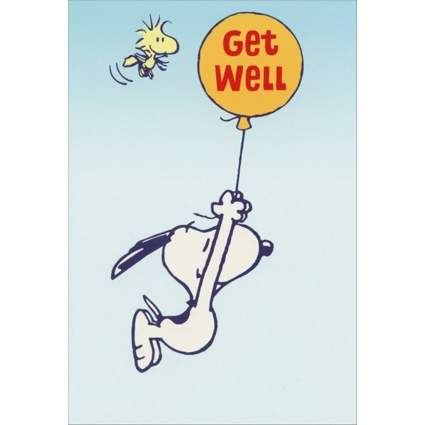 Snoopy Hanging from Balloon Peanuts Get Well Card | PaperCards.com