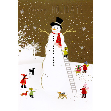 Tall Snowman : Child on Ladder Christmas Card | PaperCards.com