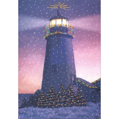 Lighthouse with Foil Lights Nautical Holiday Card | PaperCards.com