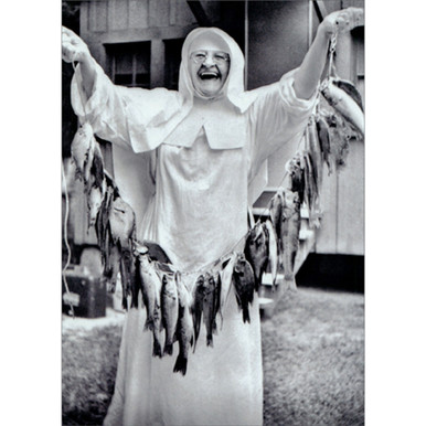 Smiling Nun Holding String of Fish Black and White Photo Funny ...
