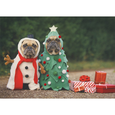 Two Pug Dogs Wearing Snowman and Evergreen Tree Costumes Box of 12 ...