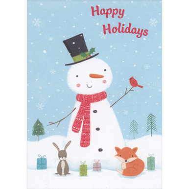 Cute Snowman, Cardinal, Rabbit and Fox on Light Blue Christmas Card ...