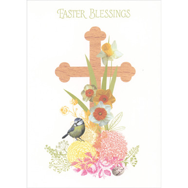 Bird Perched on Flowers In Front of Light Brown Cross Religious Easter ...