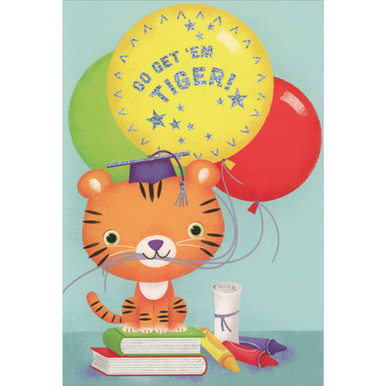 Cute Little Tiger Sitting on Textbooks and Holding Balloons Elementary ...