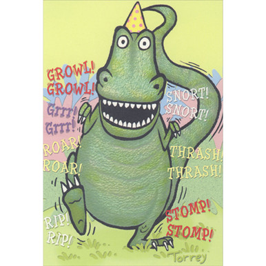 Excited Dinosaur Stomping Its Feet Birthday Card | PaperCards.com
