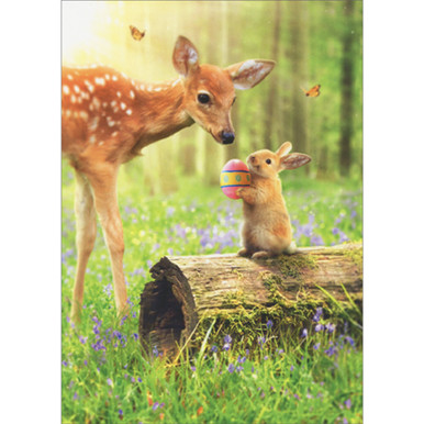 Bunny on Log in Meadow Giving Decorated Pink and Yellow Egg to Fawn ...