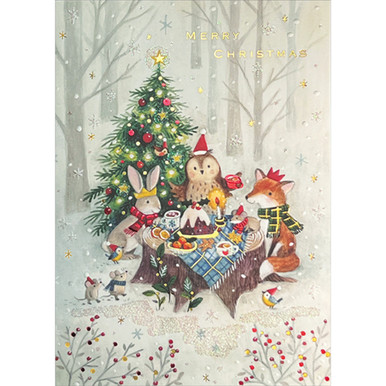 Woodland Animals Around Tree Stump Holiday Feast Celebration 3D Hand ...