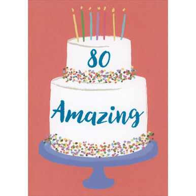 80 Amazing: Blue Foil Lettering on Two Tiered White Cake 80th Birthday ...