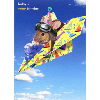 Mouse Flying in Wrapping Paper Airplane Cute Birthday Card | PaperCards.com