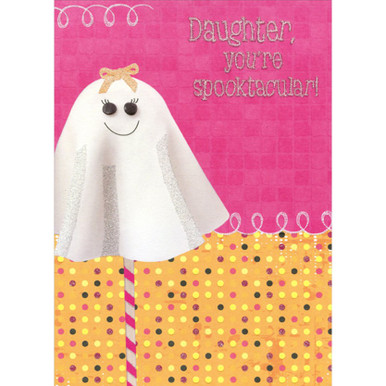 Cute Ghost on White and Pink Stick Juvenile Halloween Card for Daughter ...