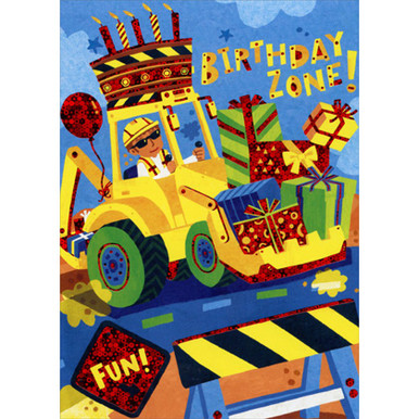 Yellow Backhoe Carrying Presents Juvenile Birthday Card for Kids ...