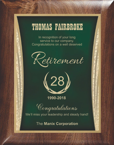 Genuine Walnut Retirement Plaque - Green - Classic Achievements, Inc