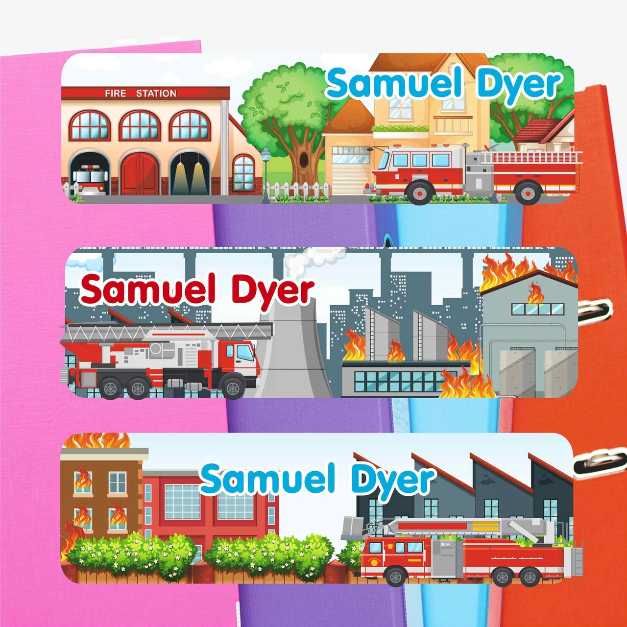 Fire Trucks Large Rectangle Name Labels | Waterproof
