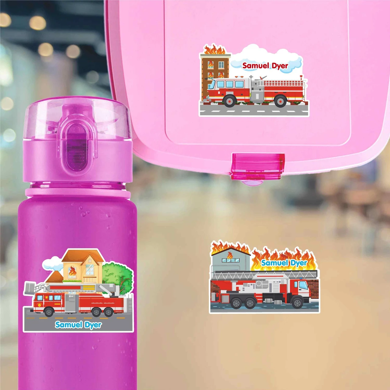 Fire Trucks Large Name Labels - Die Cut Waterproof