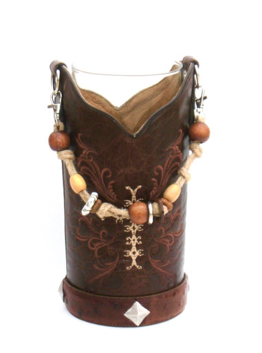 Brown boot caddy with tan cross beaded handle and glass vase - Zemado
