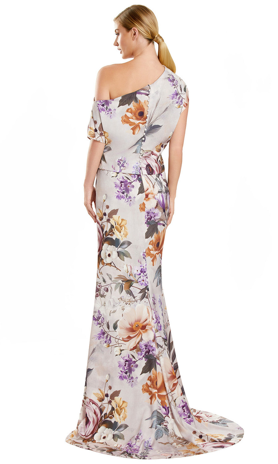 Alexander by Daymor 3140F25 Floral Print Asymmetric Gown