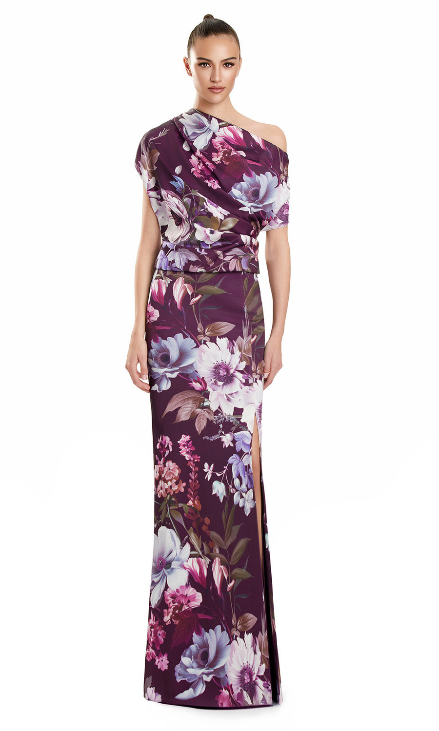 Alexander by Daymor 3140F25 Floral Print Asymmetric Gown