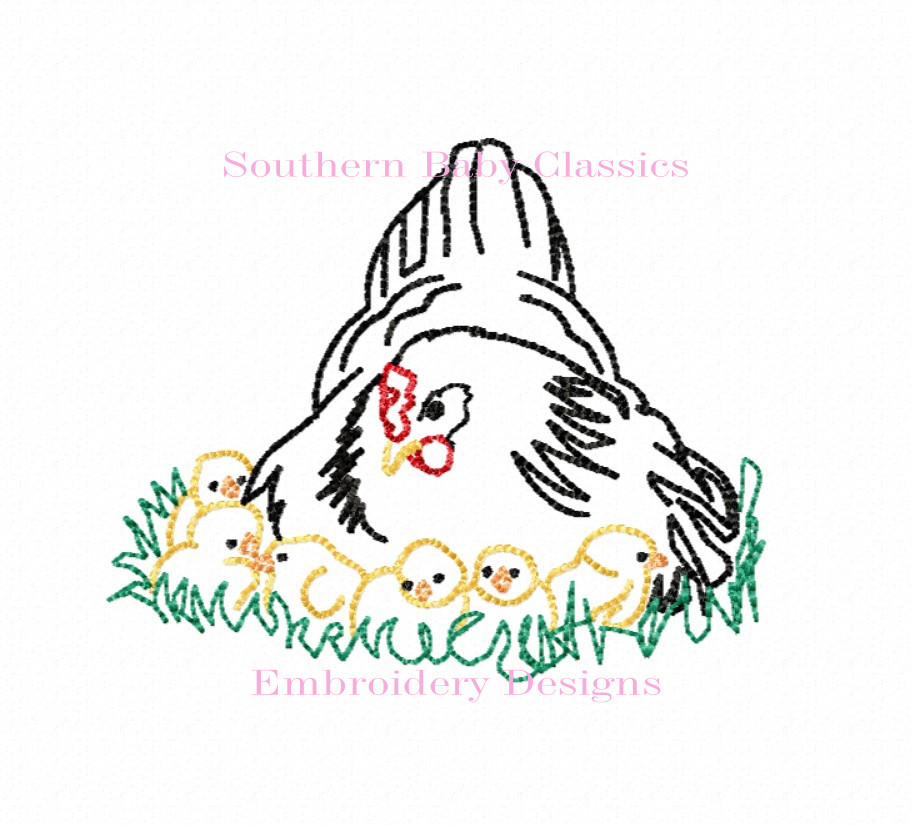 Chicken Hen With Baby Chicks Doodles Machine Embroidery Design Vintage ...
