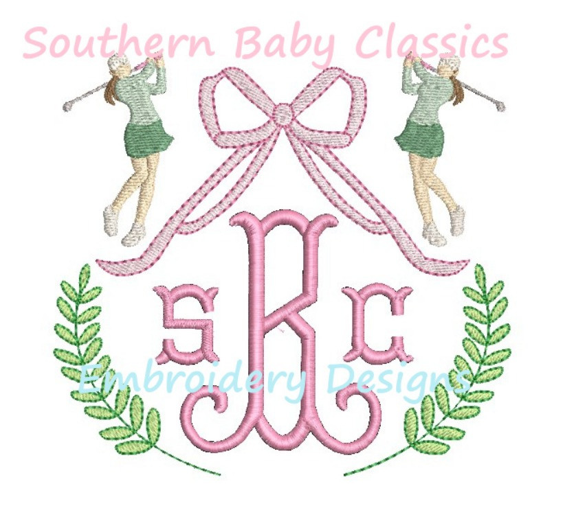 Golf Girl Laurel Bow Monogram Frame Machine Embroidery Design Golfer ...