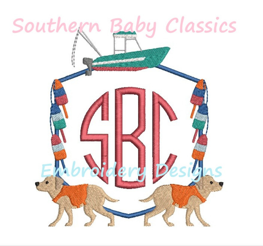 Nautical Dog Buoy Boat Monogram Frame Machine Embroidery Design Summer