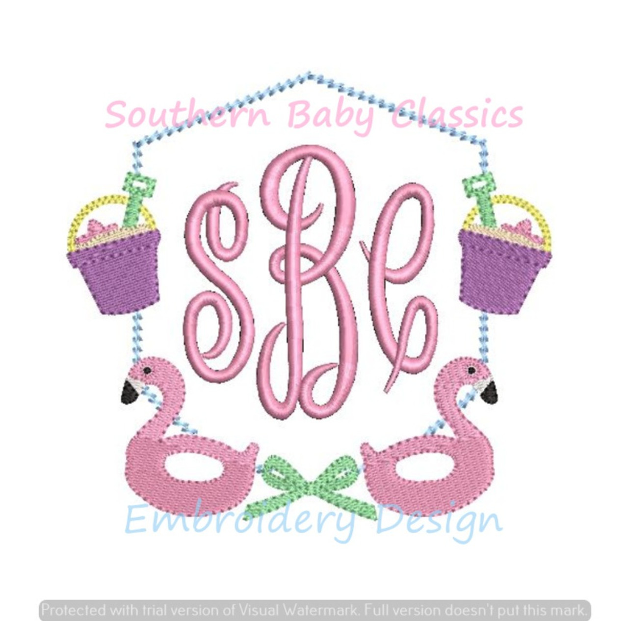 Beach Monogram Frame Machine Embroidery Design Flamingo Float Pail Girl ...
