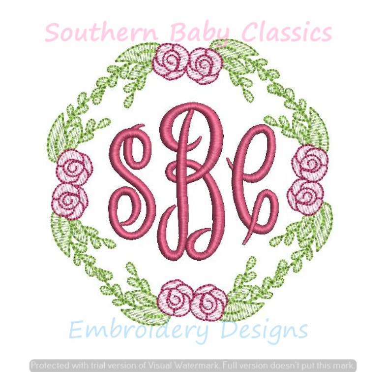 Rose Flower Floral Circle Monogram Frame with Greenery Light Sketchy ...