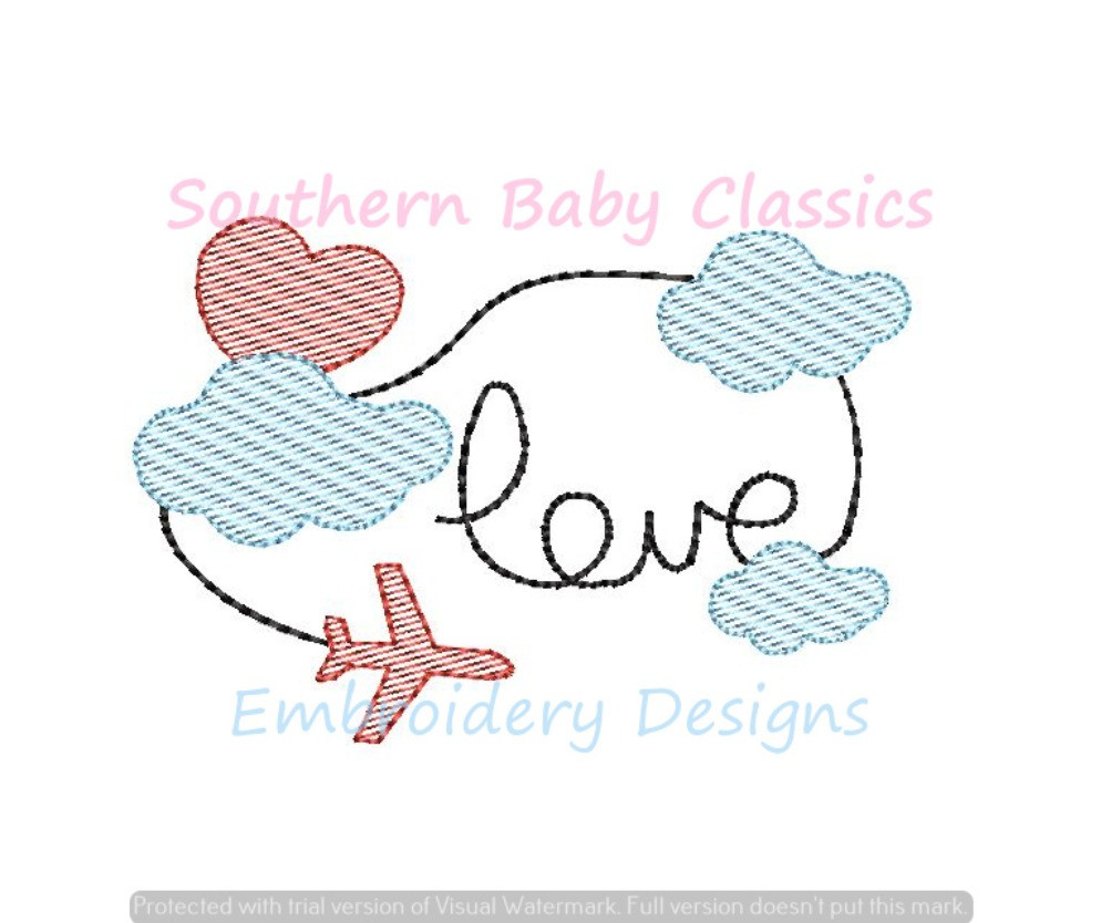 Love Heart Plane Airplane Sketchy Fill Machine Embroidery Design ...