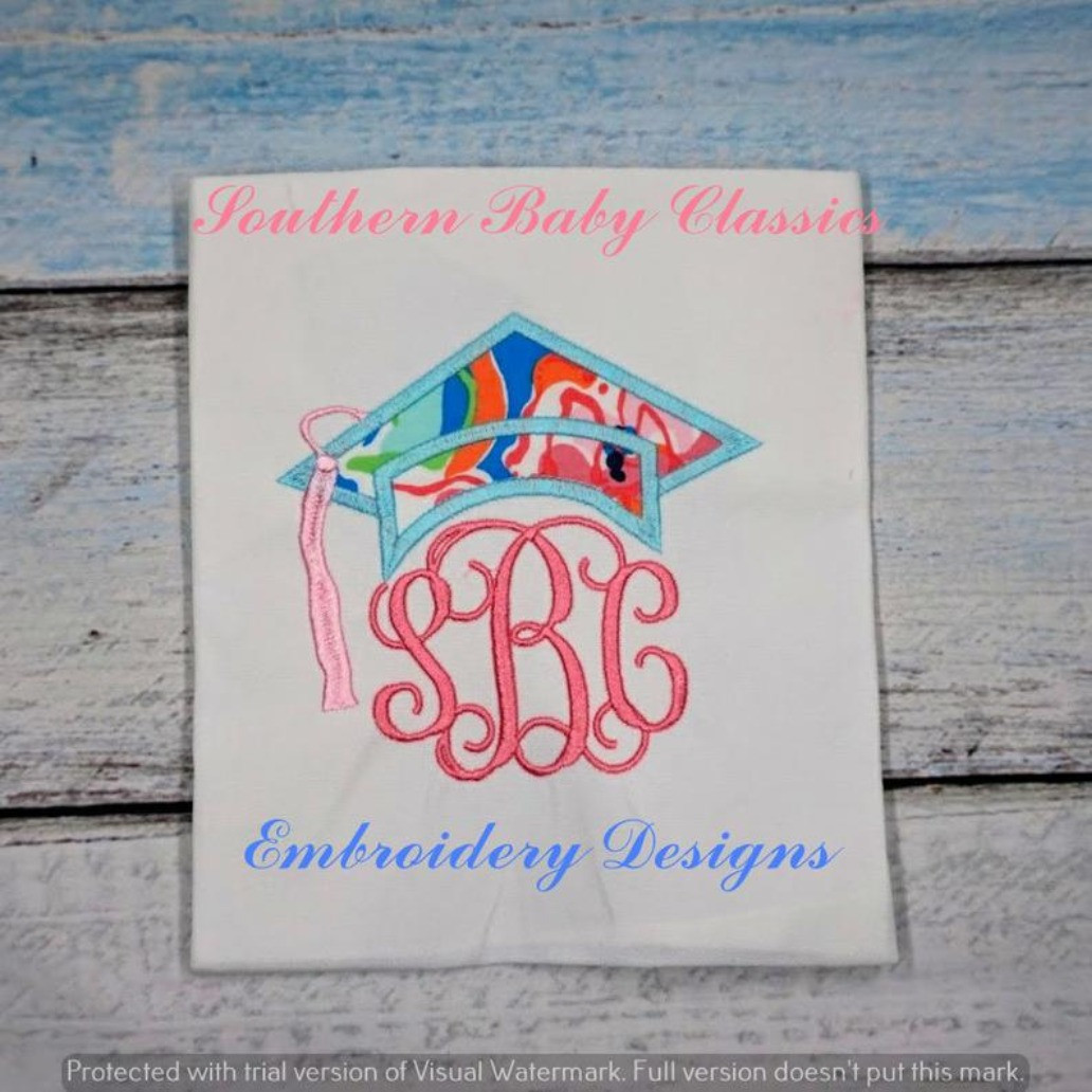Graduation Hat Monogram Topper Satin Applique Machine Embroidery Design