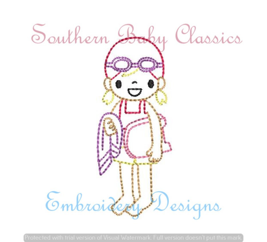 Swim Girl Vintage Stitch Machine Embroidery Summer