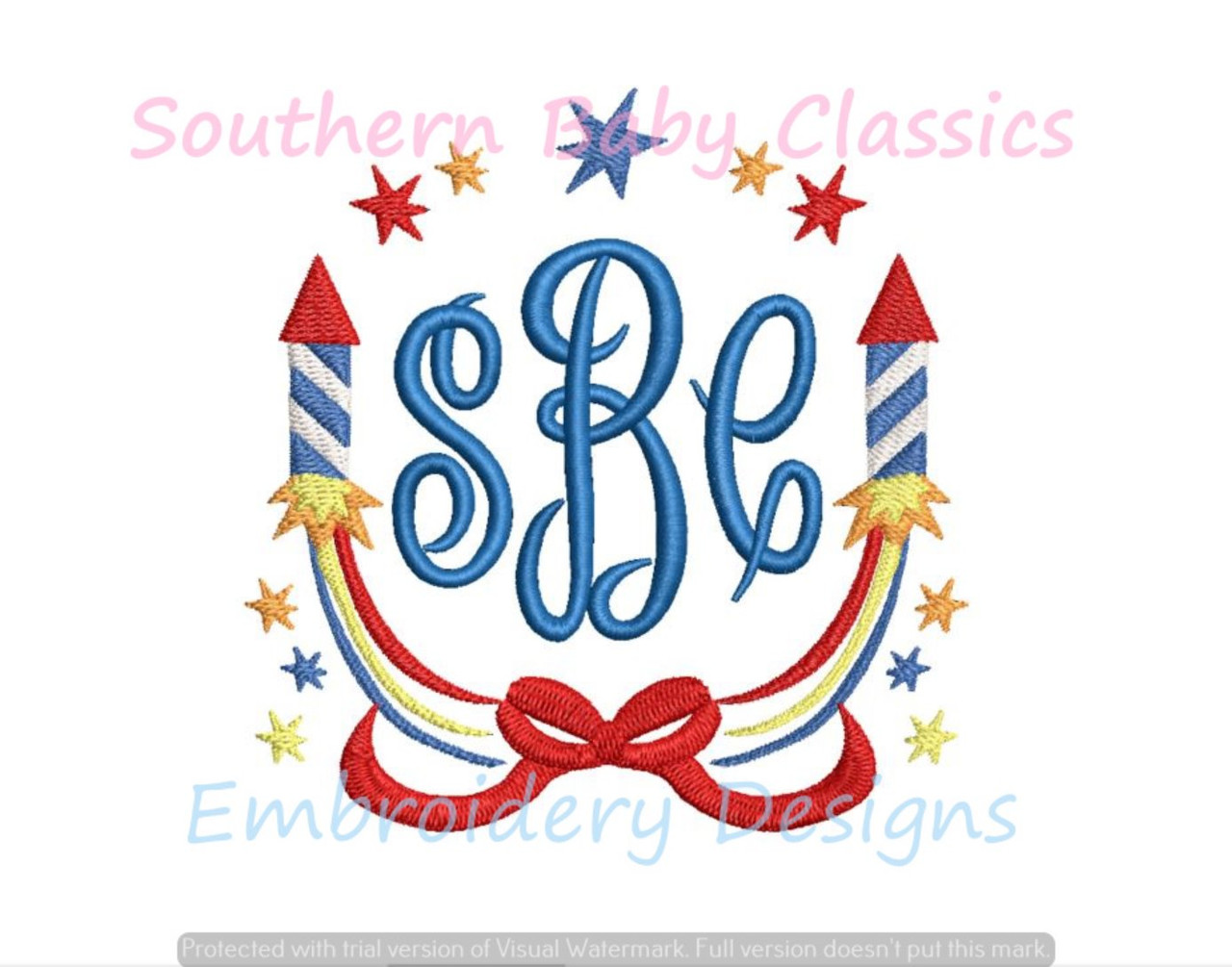 Firework Bow Fill Monogram Frame Machine Embroidery Patriotic