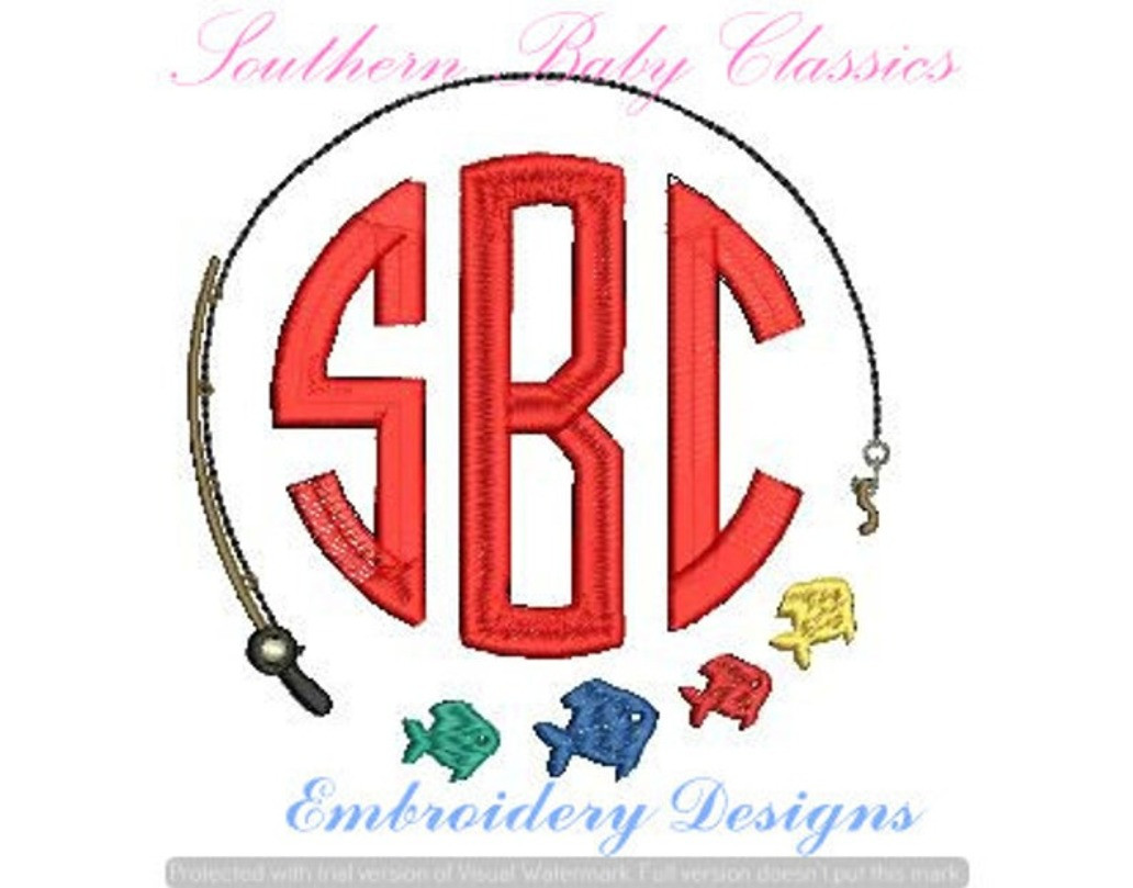 Fishing Pole Fish Monogram Frame Machine Embroidery Design Summer Boy Baby