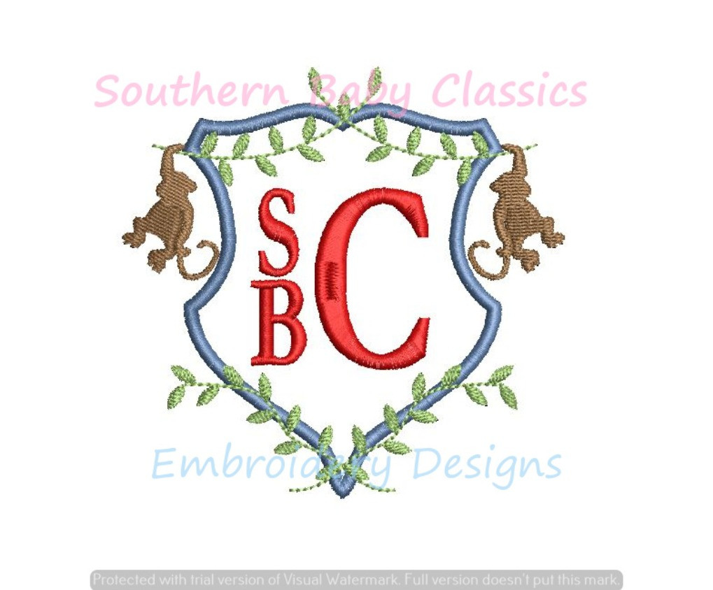 Monkey Jungle Monogram Crest Frame Machine Embroidery Design Zoo Kingdom