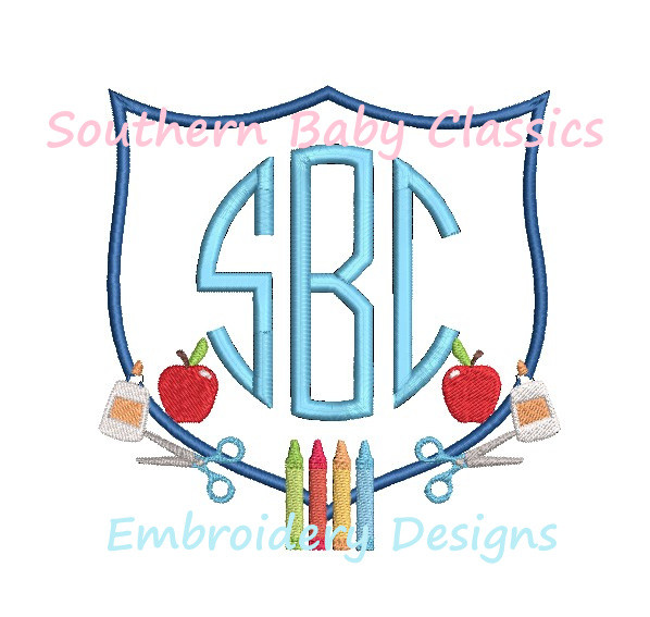 Back To School Monogram Crest Boy or Girl Machine Embroidery Design