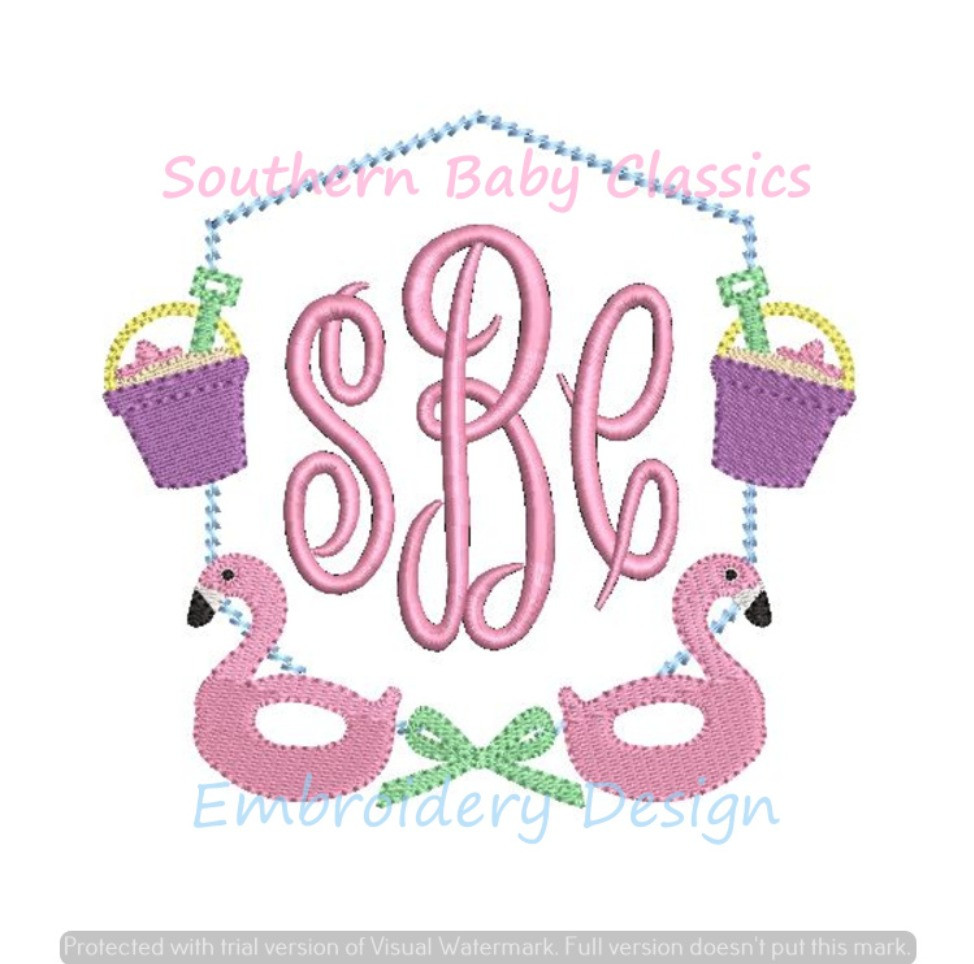 Beach Monogram Frame Machine Embroidery Design Flamingo Float Pail Girl ...