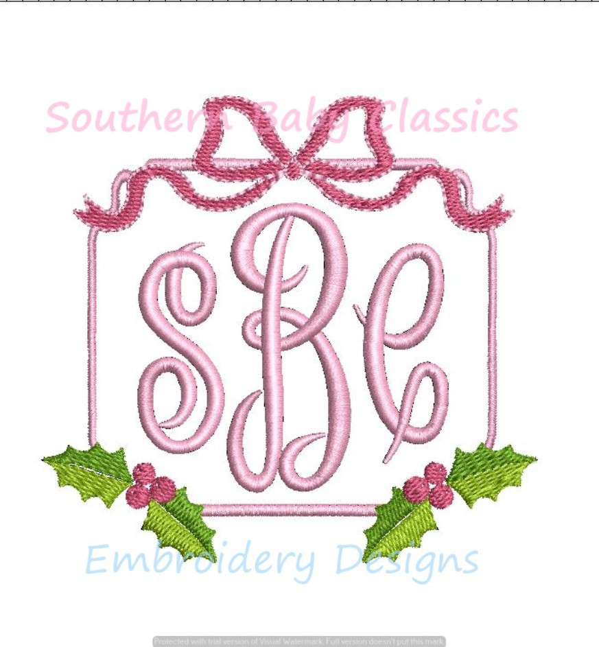 Reindeer Holly Greenery Monogram Frame with Bow Machine Embroidery ...