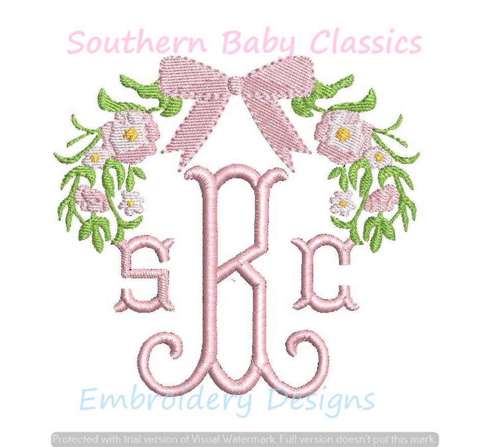 Floral Roses Flowers Bow Greenery Leaves Monogram Frame Swag Machine ...