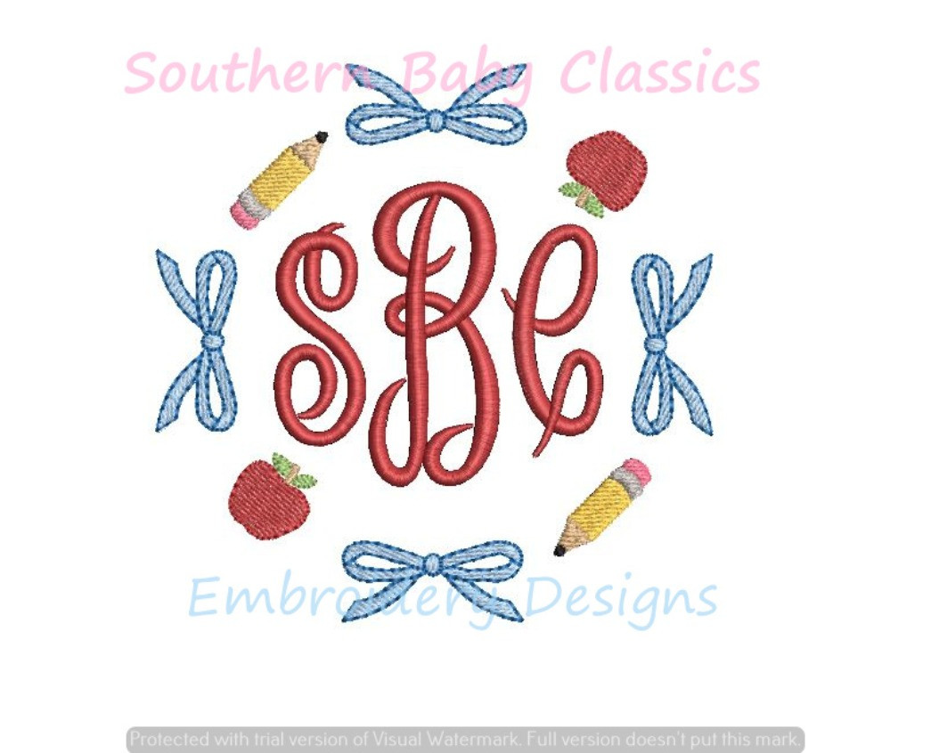 Pencil Bow Circle Monogram Frame Machine Embroidery Design Back to School