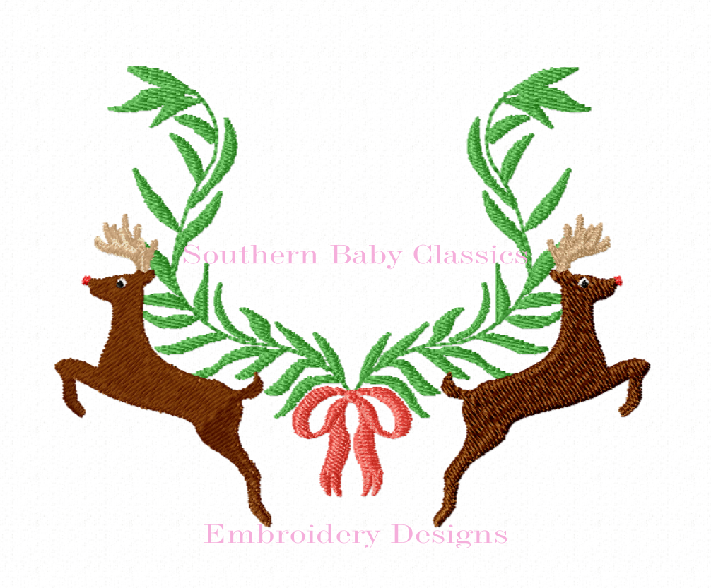 Reindeer Holly Greenery Monogram Frame with Bow Machine Embroidery ...