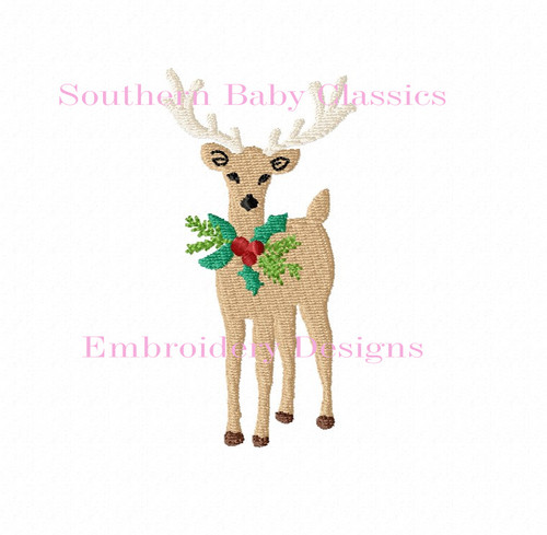 Reindeer Holly Greenery Monogram Frame With Bow Machine Embroidery