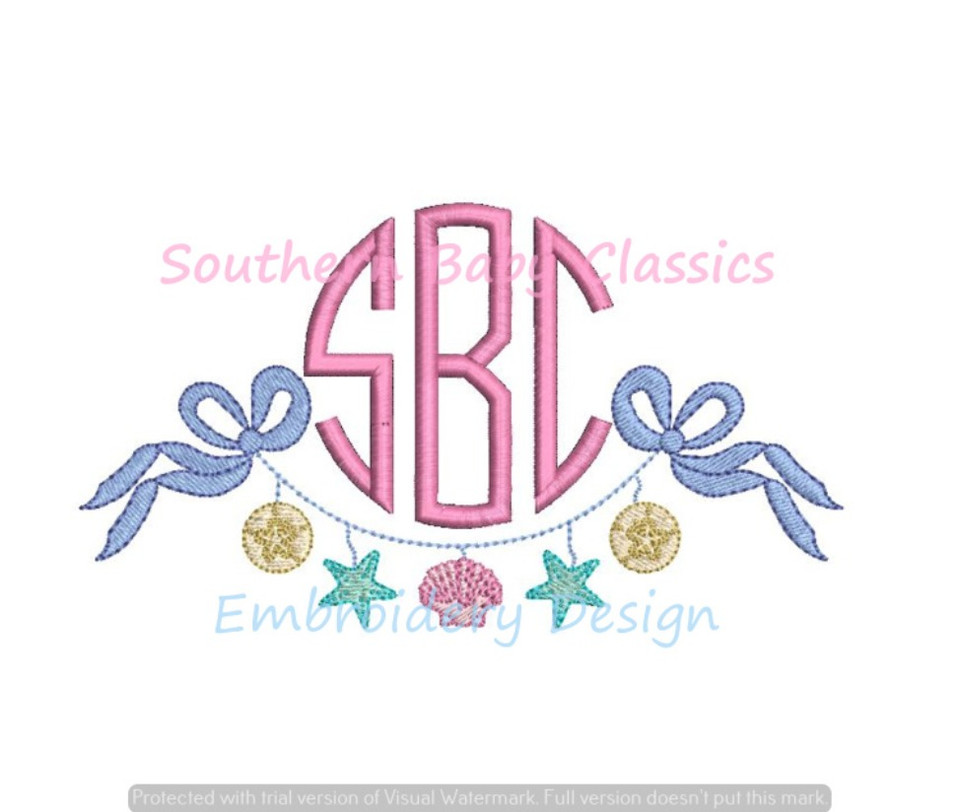 Seashell Shells Ribbon Monogram Swag Machine Embroidery Design Summer ...