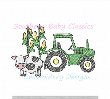 Cow Farm Tractor Corn Light Sketchy Fill Machine Embroidery Design Fall ...