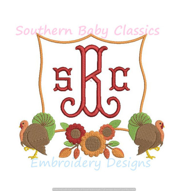 Turkey Thanksgiving Crest Monogram Frame Machine Embroidery Design