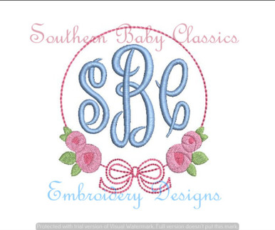 Rosebud Bow Ribbon Circle Monogram Frame Rose Roses Machine Embroidery ...