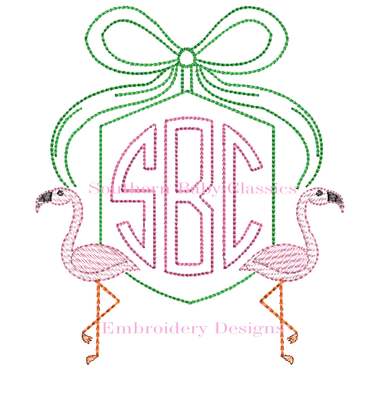 Flamingo Monogram Frame With Bow Hanger Quick Vintage Stitch Machine Embroidery Design Summer ...